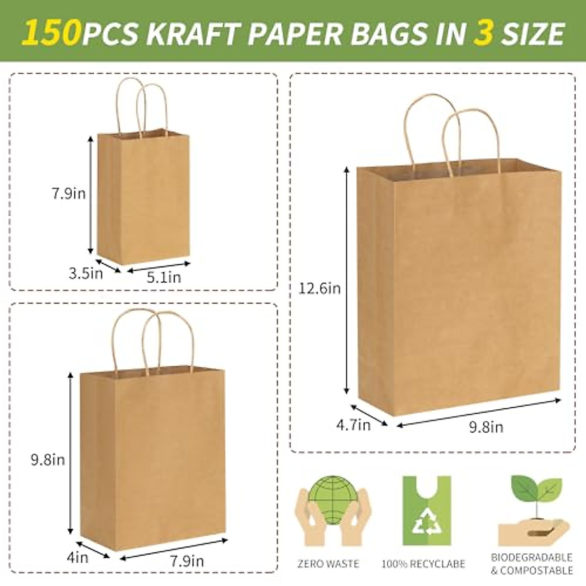 Moretoes 150pcs Brown Kraft Paper Bags with Handles Bulk - Assorted Sizes Gift & Retail Bags for Small Business, Party Favors
