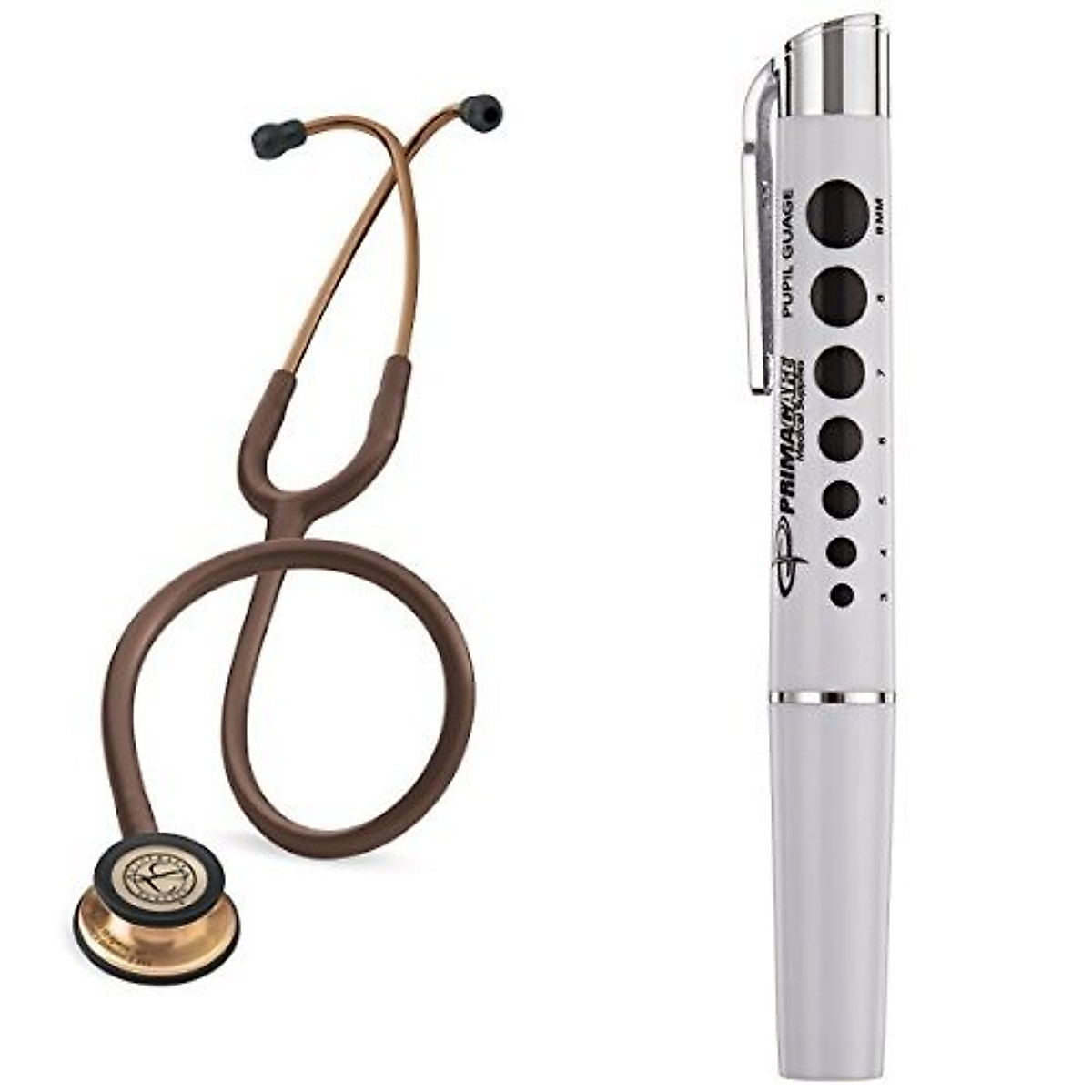 3M Littmann Classic III Stethoscope, Copper-Finish Chestpiece, Chocolate Tube, 27 inch, 5809 and Primacare DL-9325 Reusable LED Penlight with Pupil Gauge bundle