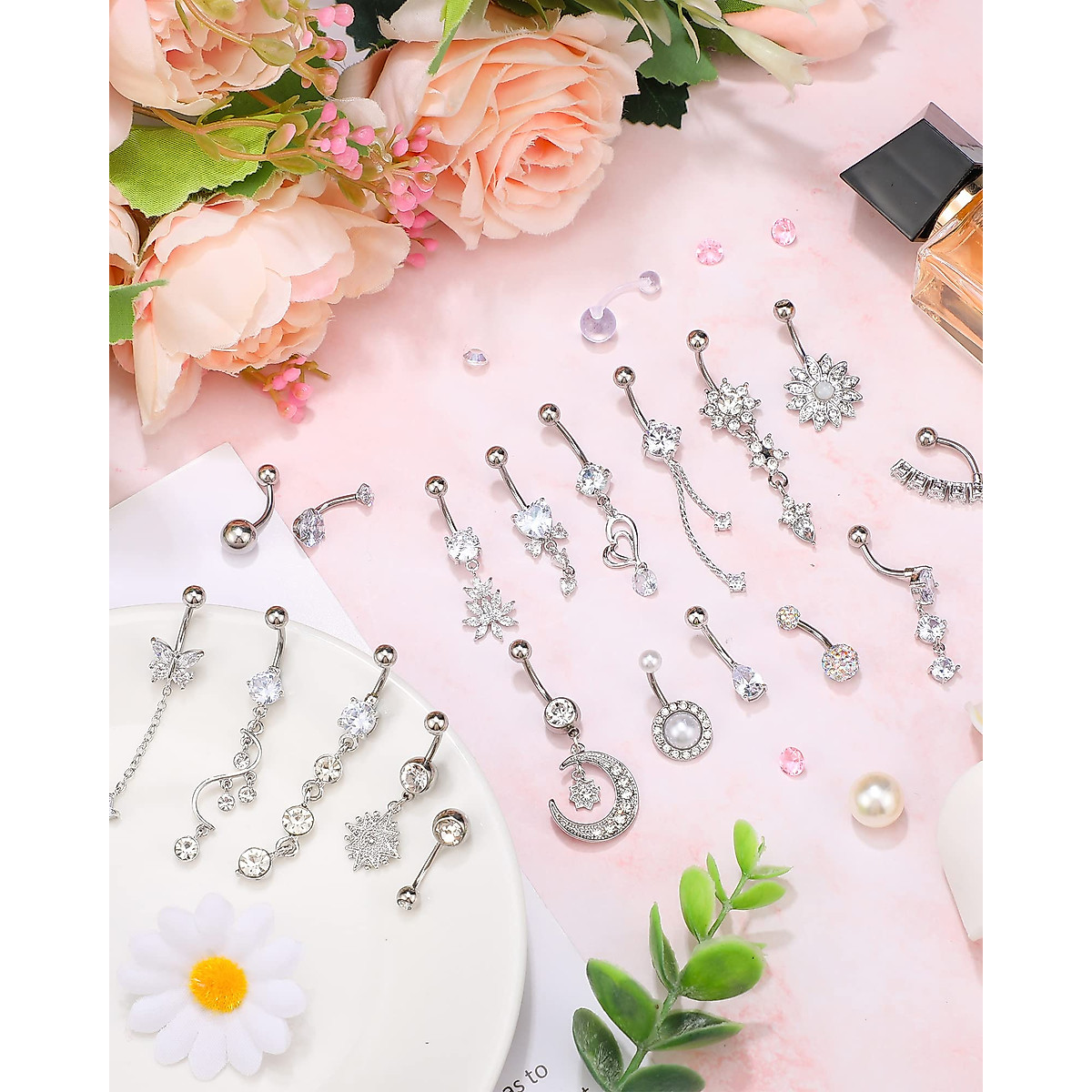 Junkin 20 PCS 14G 316L Stainless Steel Dangle Belly Button Rings Silver Rhinestone Belly Button Jewelry Navel Piercing Belly Jewelry for Women