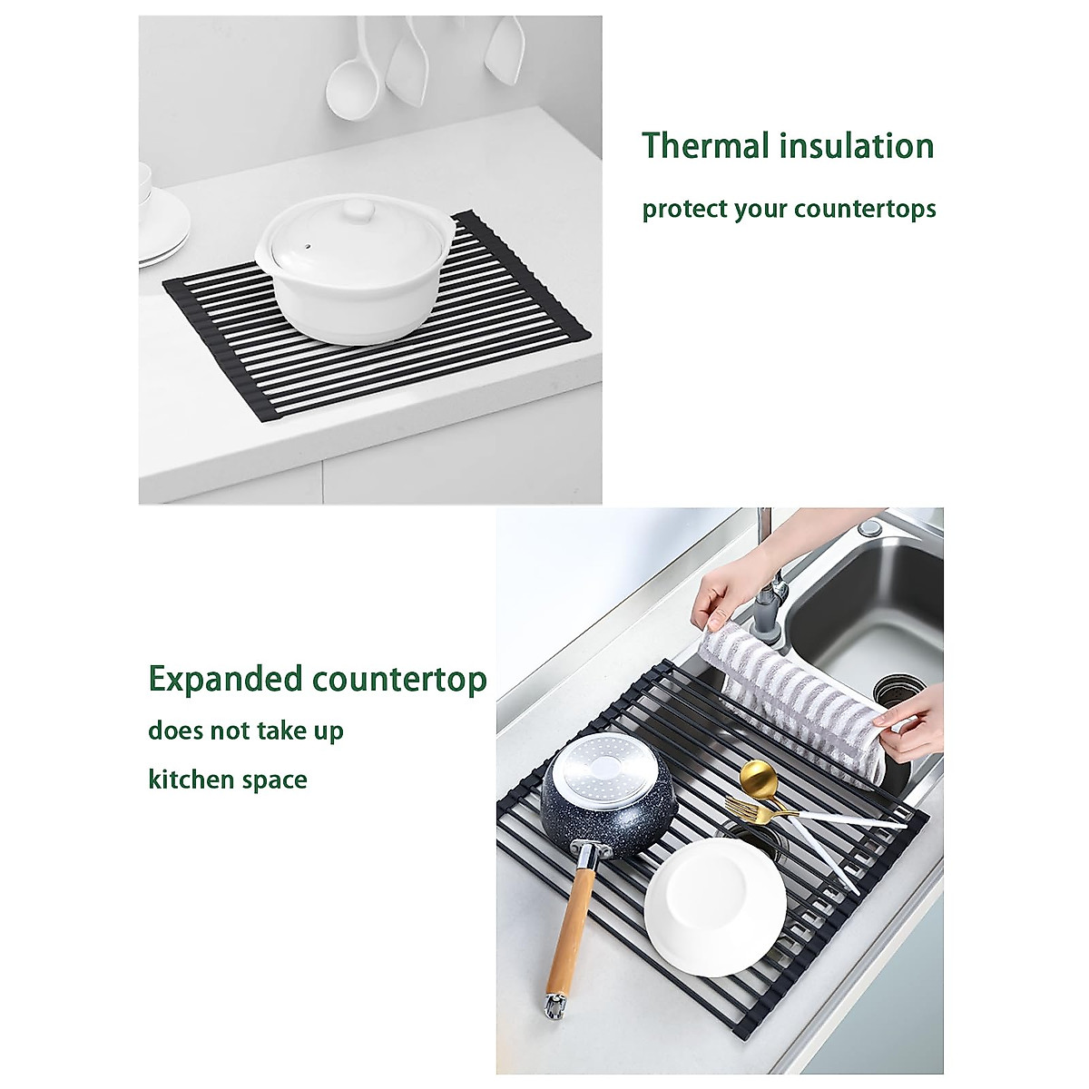 VICEAXY Roll-Up Dish Drying Rack 17” x 13”, Stainless Steel with Silicone Wrapped Drainer Rack, Foldable Sink Rack Mat for Kitchen Dishes, Cups, Fruits, Vegetables (M, Black)