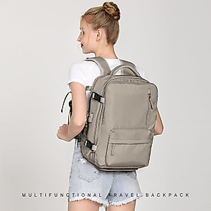 Large Travel Backpack Women, Carry On Backpack, Hiking Backpack Waterproof Outdoor Sports Rucksack Casual Daypack with USB Charging Port Shoes Compartment, Grey Brown