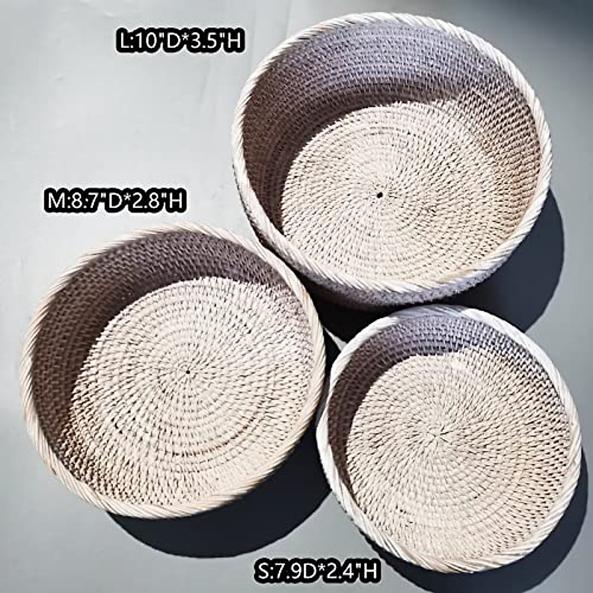 AMOLOLO 3Packs Wash White Round Rattan Bowl Basket,White Decorative Handmade Wicker Basket Tray with 4 Inch Deep Wall, Decorative Woven White Bread Basket Fruit Bowl Key Holder Table Centerpiece