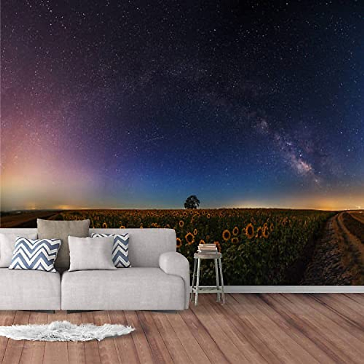 Stars Moon a Field Sunflowers Peel and Stick Wallpaper Removable Self-Adhesive Large Wallpaper Roll Wall Mural Sticker Home Decor for Living Room Bedroom