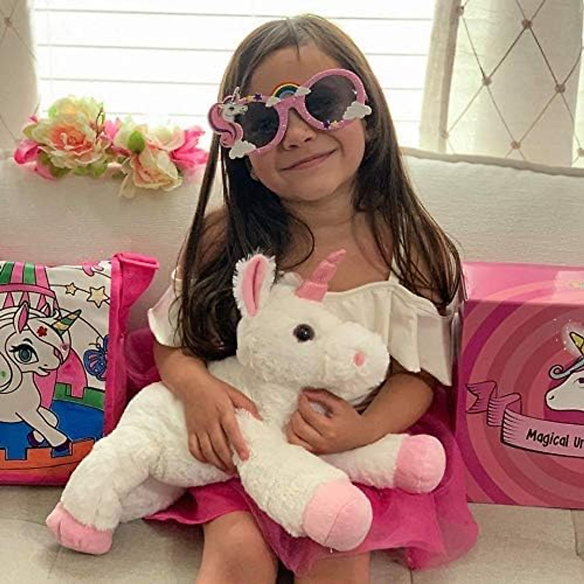 Dazmers Magical Unicorn Stuffed Animals Gift Set - 15" - Plush Unicor with Pink Sunglasses, Purse, Sparkling Gem Stones, Glitter, and 5 Markers - Perfect for Girls Who Love Unicorns, Stuffed Plushie