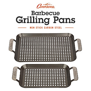 Camerons BBQ Grill Topper Grilling Pans (Set of 2 - Non-Stick Barbecue Trays w Stainless Steel Handles - Indoor Outdoor use for Barbecue & Smoked Meat, Vegetables & Seafood - Grill Accessory Gift Pack