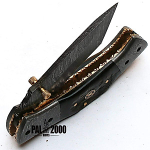 PAL 2000 KNIVES REG-8851 Custom Handmade Damascus Steel Folding Ram Handle Knife With Sheath