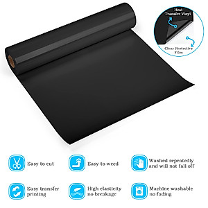 Black Heat Transfer Vinyl 12" x 35ft Black HTV Vinyl Roll, Heat Transfer Vinyl for T Shirts, Black Iron on Vinyl for Cricut & Cameo, Silhouette, Easy to Cut & Weed