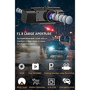 Dual Dash Cam Front and Inside FHD 1080P Dash Camera for Cars Dashcams for Cars with Infrared Night Vision Car Camera Driving Recorder 24H Park Monitor Motion Detection G-Sensor for Taxi Uber