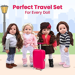 Beverly Hills Doll Collection 18 Inch Doll Accessories Play Travel Set - 16 Pcs Suitcase Luggage Carrier with Sunglasses, Passport, Tickets, Camera, and More, Doll Not Included