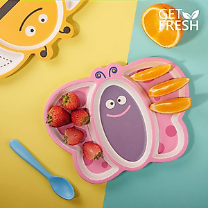 GET FRESH Bamboo Kids Divided Plates – 1pc Butterfly Sectioned Bamboo Fibre Childrens Plates – Cute Animal Bamboo Toddler Divided Plate – Reusable Bamboo Fibre Kids Plates with 3 Compartments