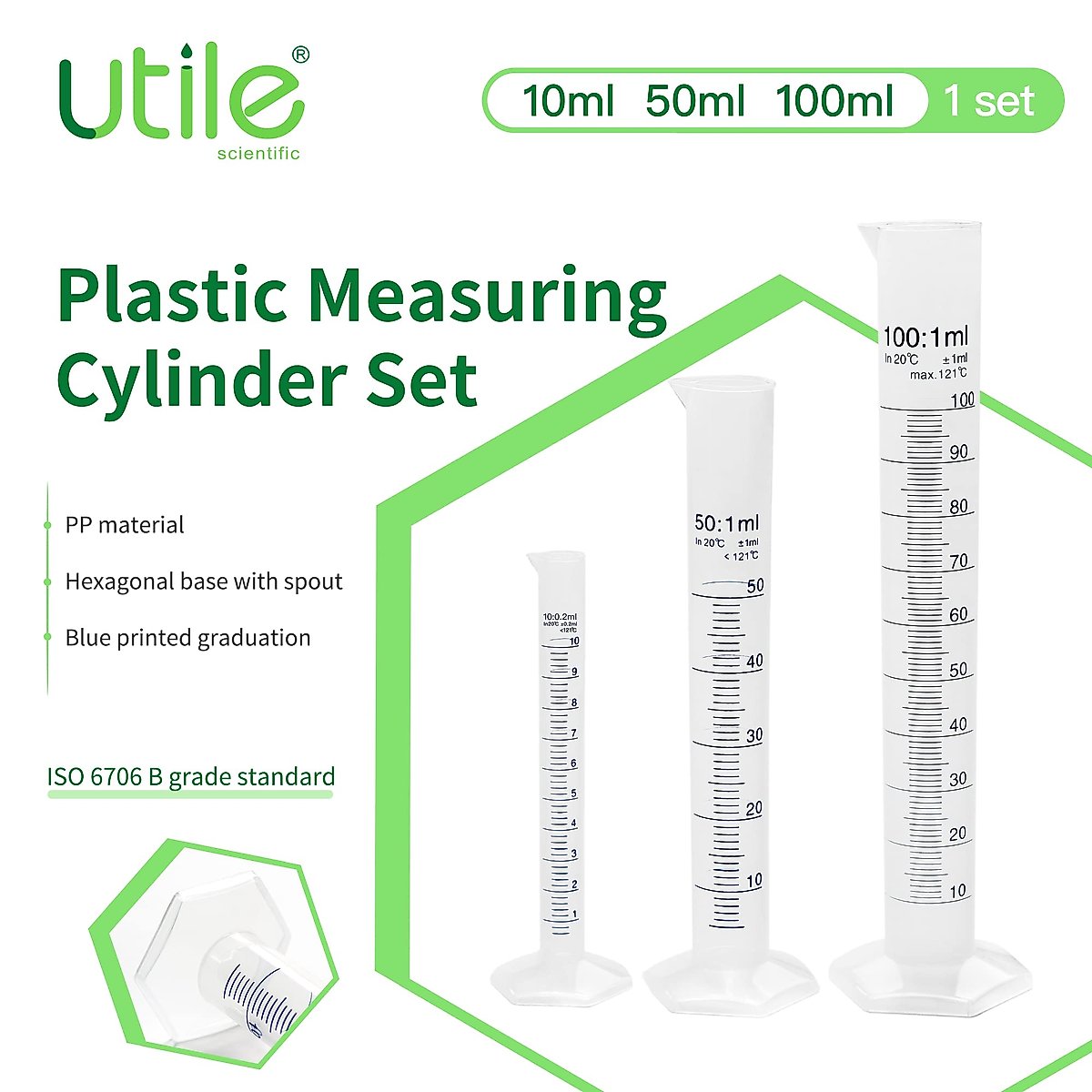 Utile Plastic Graduated Measuring Cylinder Set, 3 Sizes 10ml 50ml and 100ml, PP Material with Hexagonal Base and Blue Printed Graduation, 4099.0015.1.