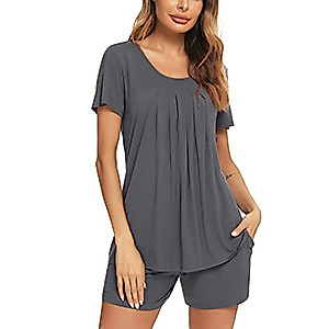Roojaa Womens Pajama Set Pleated Loose Short Sleeve Pjs Soft Summer Casual Sleepwear Dark Grey