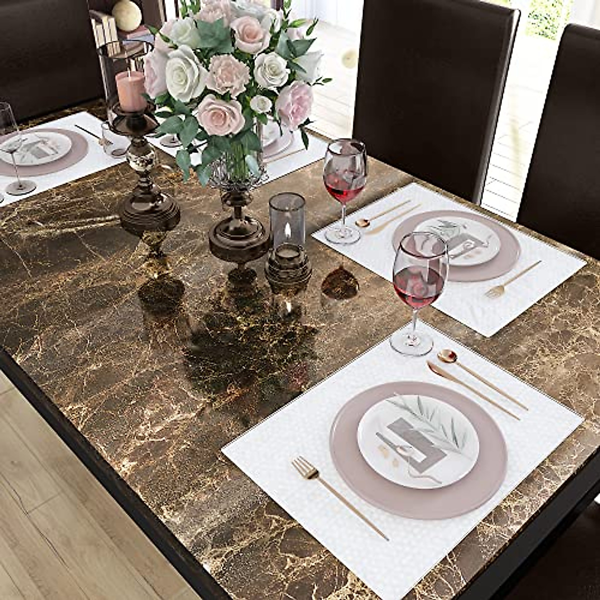DKLGG Marble Dining Table Set for 4, 5-Piece Faux Marble Kitchen Table and Chairs for 4, Space Saving Dining Room Table Set w/4 Upholstered PU Leather Chairs, Ideal for Dining Room, Kitchen, Corner