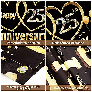 Happy 25th Anniversary Banner Backdrop Decorations - Large 25 Year Wedding Anniversary Party Supplies Décor - Black Gold 25 Anniversary Poster Sign for Outdoor Indoor