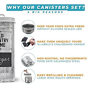 Saratoga Home Farmhouse Canister Set for Kitchen Coffee Tea Sugar Container Set with Labels & Marker, 4 Airtight Galvanized Rustic Tin Metal Flour Sugar Canister Sets for Kitchen Counter, Silver