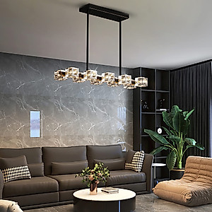 OKES Dining Room Light Fixture,Modern Crystal Chandeleirs Semi Flush Mount Ceiling Light Fixture,Black Metal Crystal Pendant Light for Kitchen Island Farmhouse Dining Room,Living Room (10-Lights)…