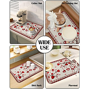Valentines Day Dish Drying Mat for Kitchen Counter, Super Absorbent Quick Dry Coffee Bar Mat Pad Thin Diatomaceous Sink Mat Non Slip Dish Drainer Mat 12''x16'' Romantic Love Heart Tree Red