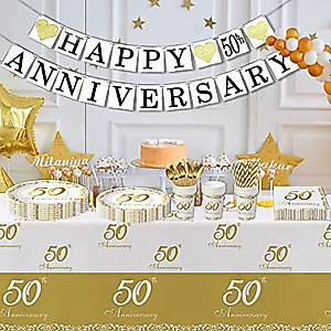 APOWBLS 50th Anniversary Decorations And Supplies Tableware - Golden 50th Wedding Anniversary Decorations, Plate, Cup, Napkin, Tablecloth, Cutlery, Straw, 50 Year Anniversary Party Supplies | Serve 24