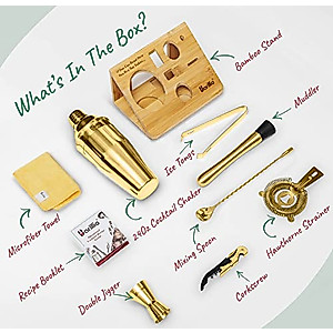 Gold Mixology Bartender Kit Cocktail Shaker Set by Barillio: Drink Mixer Set with Bar Tools, Bamboo Stand Cocktail Mixer Liquor Pourers Mojito Muddler Mixing Spoon Jigger Recipes Booklet