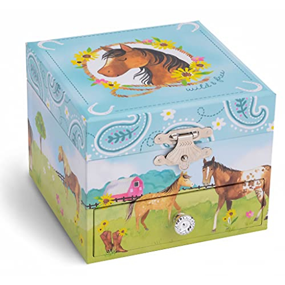 Jewelkeeper Girl's Musical Jewelry Storage Box Pullout Drawer, Horse and Barn Design, Home on the Range Tune