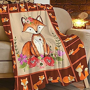 Fox Blanket for Girls Cozy Fluffy Cute Fox Floral Fleece Throw Blanket Soft Warm Plush Fuzzy Cartoon Foxes Animal Lightweight Flannel Gifts Blanket Adult Kids 50"X40"