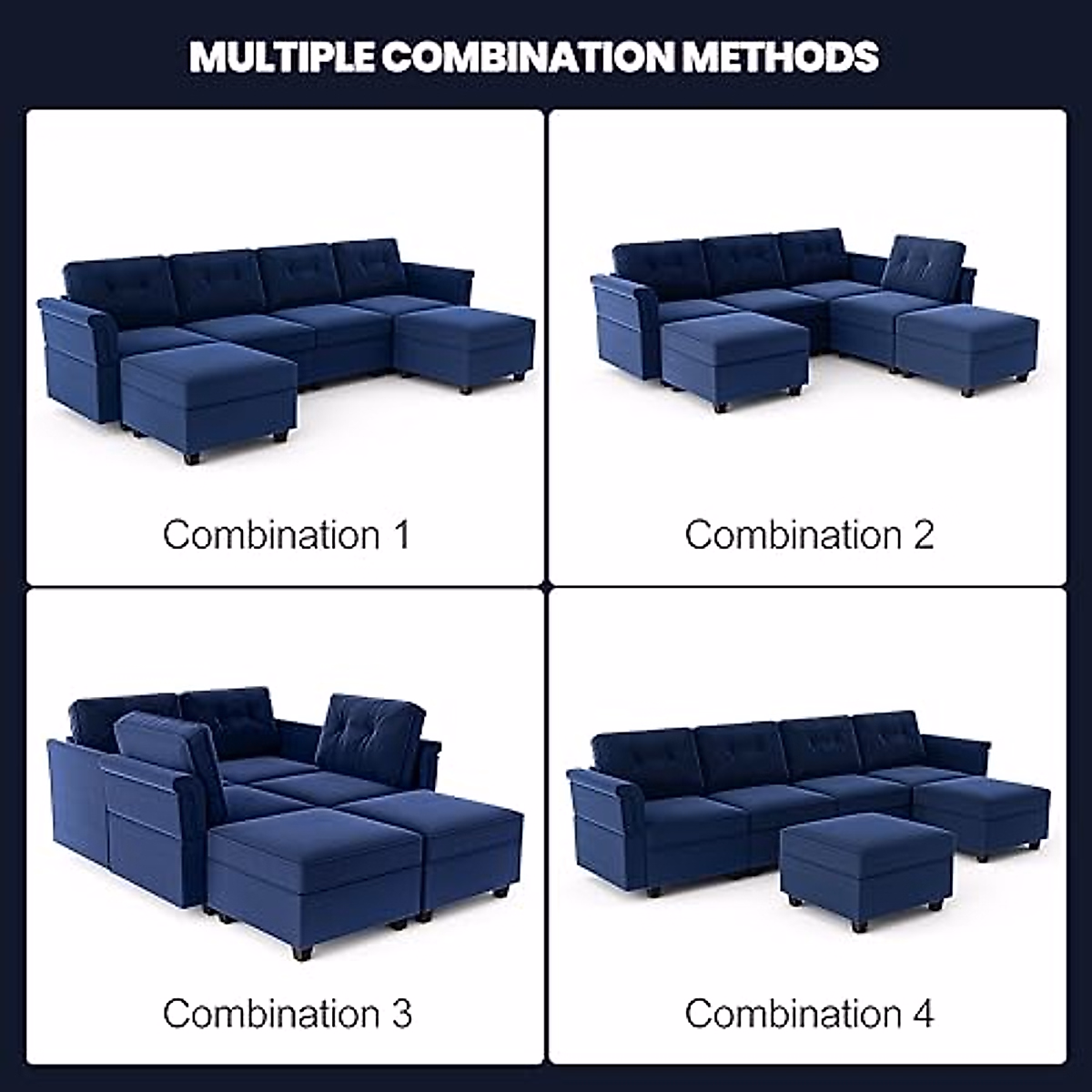 Belandi Modular Sectional Sofa Couch, U-Shaped Sleeper Couch with Reversible Chaise, Modular Sectionals with Ottomans, 6-Seat Sofa Set with Storage for Living Room, Blue