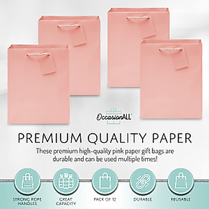 Pink Gift Bag – 12 Pack Medium Light Pink Paper Bags with Handles, Blush Paper Gift Wrap Euro Totes for Girls Baby Shower Gifts, Bachelorette & Bridesmaid Party Favors, Weddings, Bulk – 7.5x3.5x9