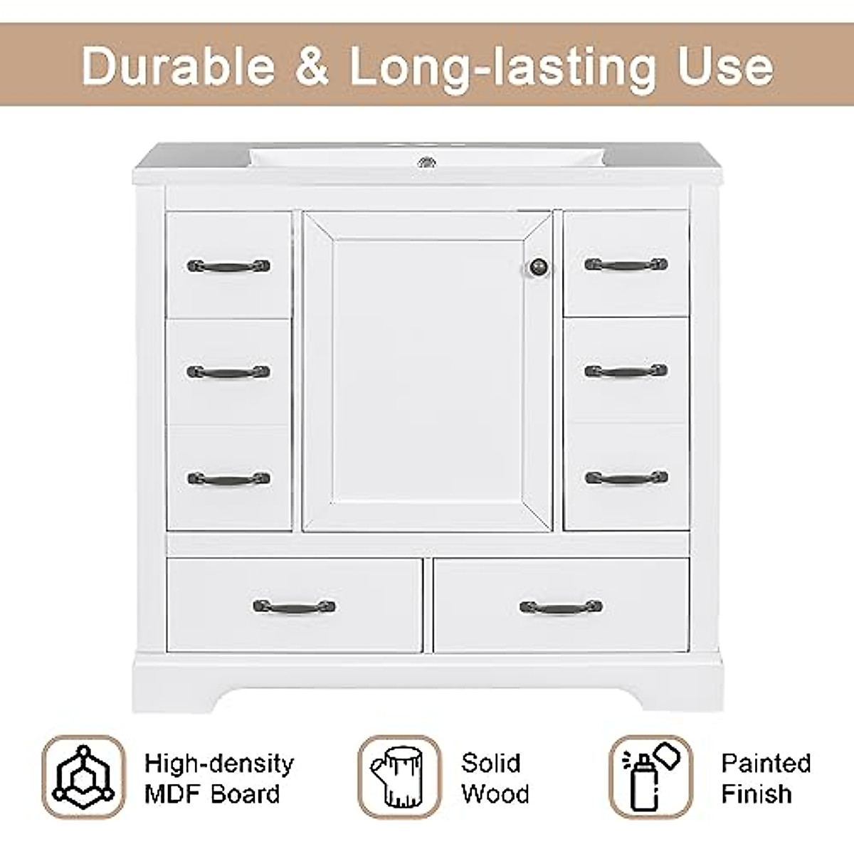 Merax 36" Bathroom Vanities Sink Set, Ceramic Undermount Top, Freestanding Cabinet with Door and Multi-Functional Drawers, Storage Divider, White