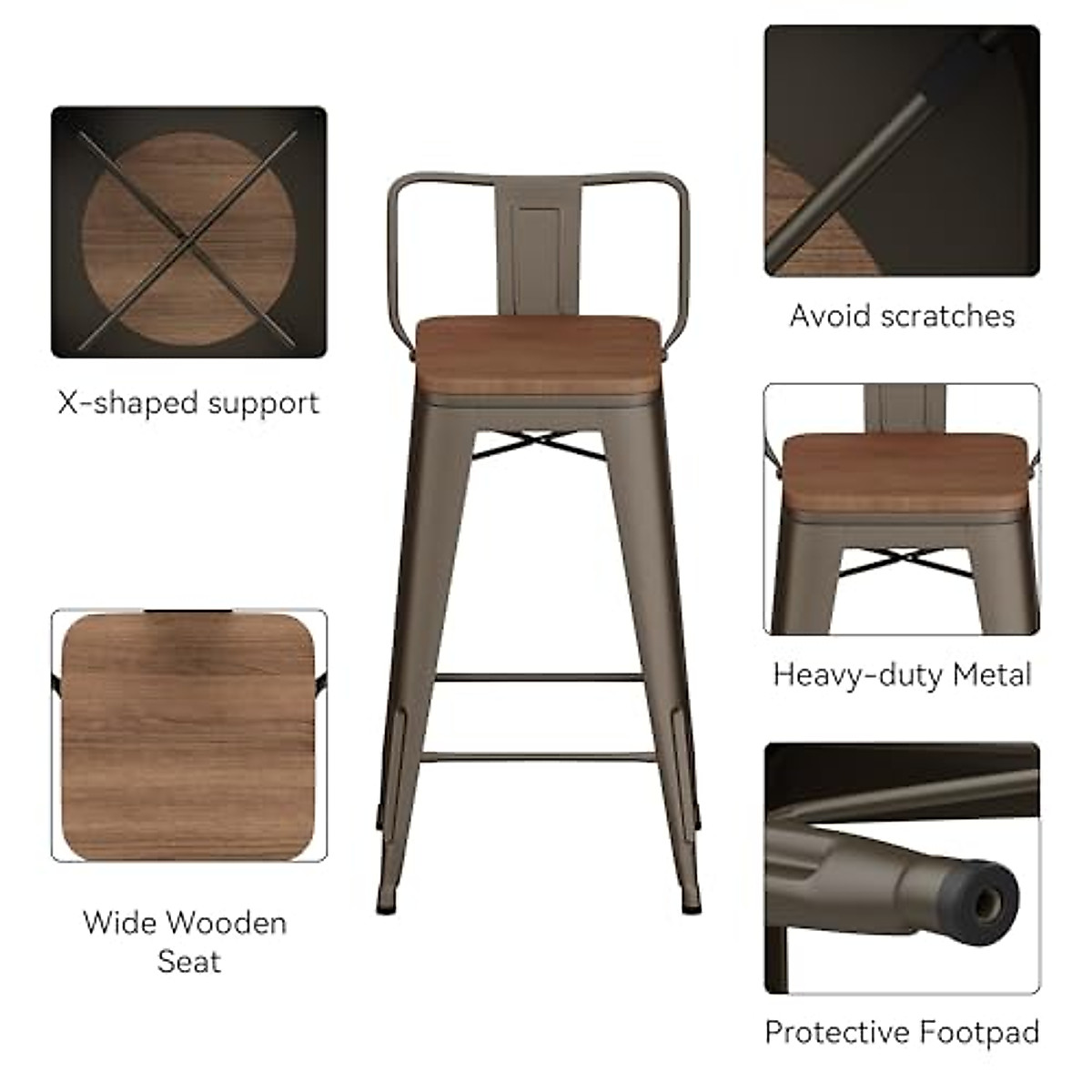 24" Low Back Metal Counter Stool Height Bar Stools with Wooden Seat [Set of 4] for Home Kitchen Barstools