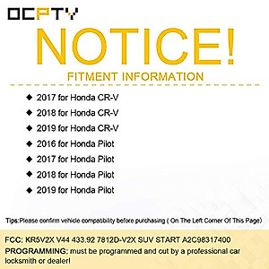 OCPTY 2 PCS Uncut Keyless Entry Remote Control Key Fob for 2016-2020 for Honda for Civic for Honda for CR-V for Honda for Pilot KR5V2X V44 433.92 7812D-V2X A2C98317400 5 Buttons