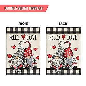 AVOIN colorlife Hello Love Valentine's Day Gnome Garden Flag 12x18 Inch Outside Double Sided, Buffalo Plaid Rustic Farmhouse Yard Outdoor Decoration