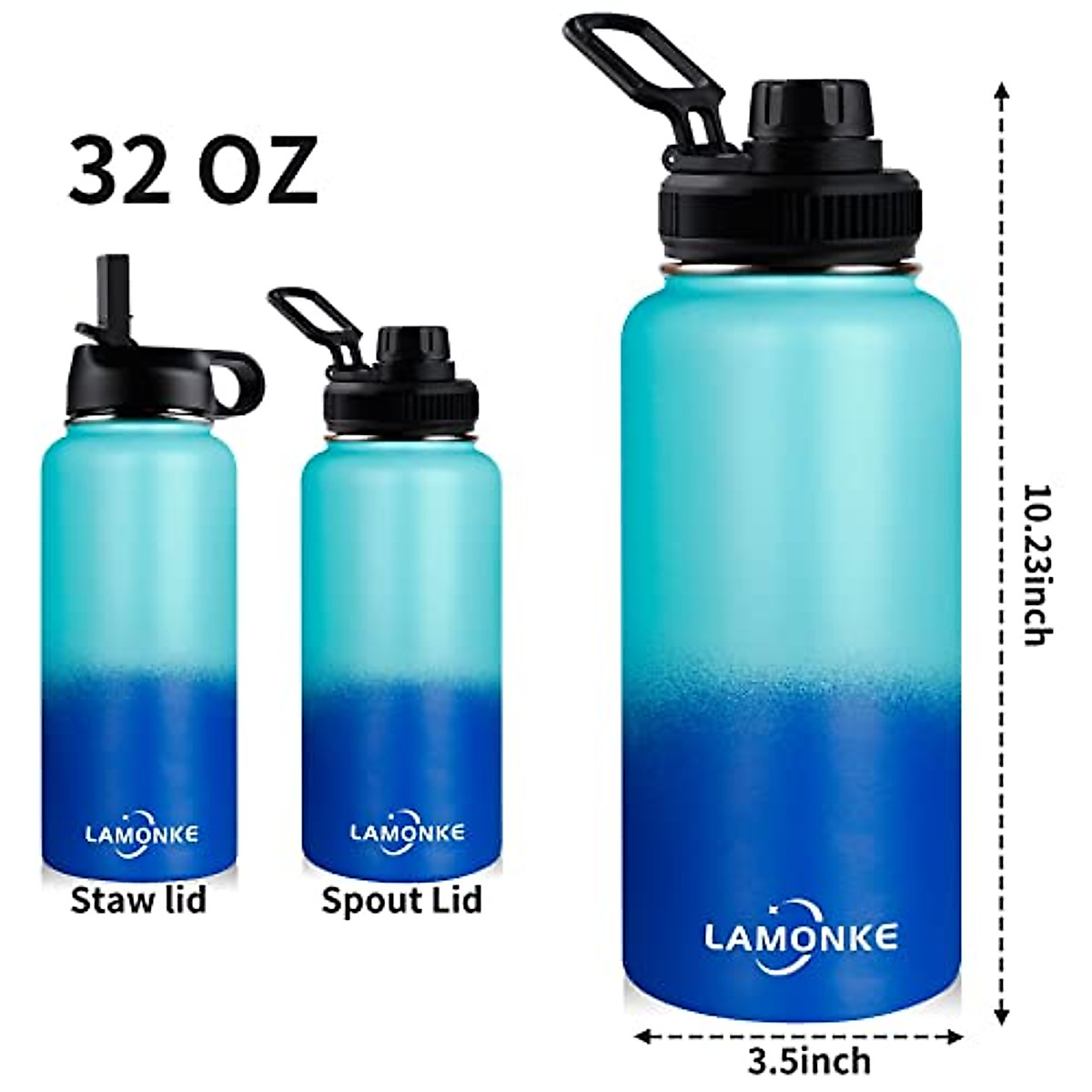 LAMONKE 32oz Vacuum Insulated Stainless Steel Water Bottle with Straw Lids & Spout Lids & Wide Mouth, Double Wall BPA Free Sweat-Proof Thermos to Keep Beverages Perfectly Hot or Cold