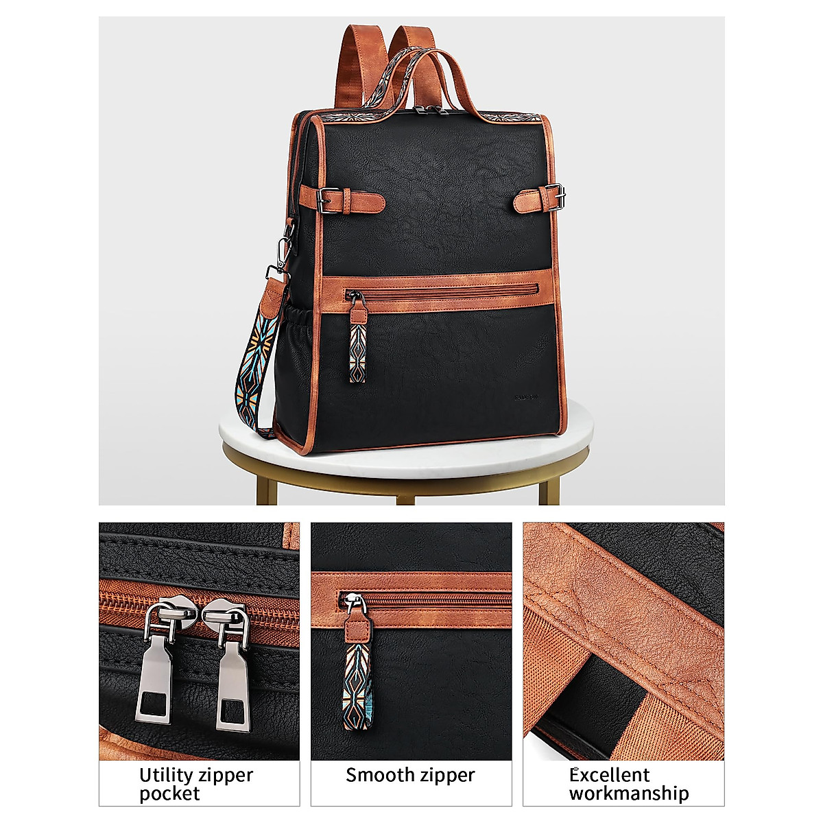 FADEON Leather Laptop Backpack for Women, Designer Ladies Work Travel Computer Backpack with Laptop Compartment Black Brown