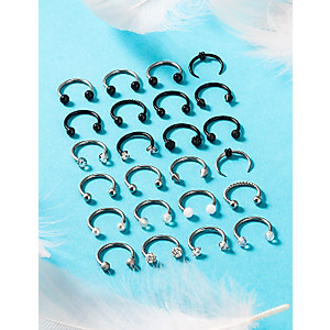 Ftovosyo 24Pcs 16G Surgical Steel Nose Septum Rings Piercing Jewelry Horseshoe Cartilage Helix Daith Earring Hoop Eyebrow Lip Hoop for Women Men 8mm 5/16 Inch Silver Black