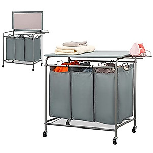 ALIMORDEN Rolling Laundry Sorter Cart with Wheels and Lid 240l Heavy Duty Laundry Hamper Sorter Basket 3 Section Room Organizer with Ironing Board and Iron Rack Blue Grey