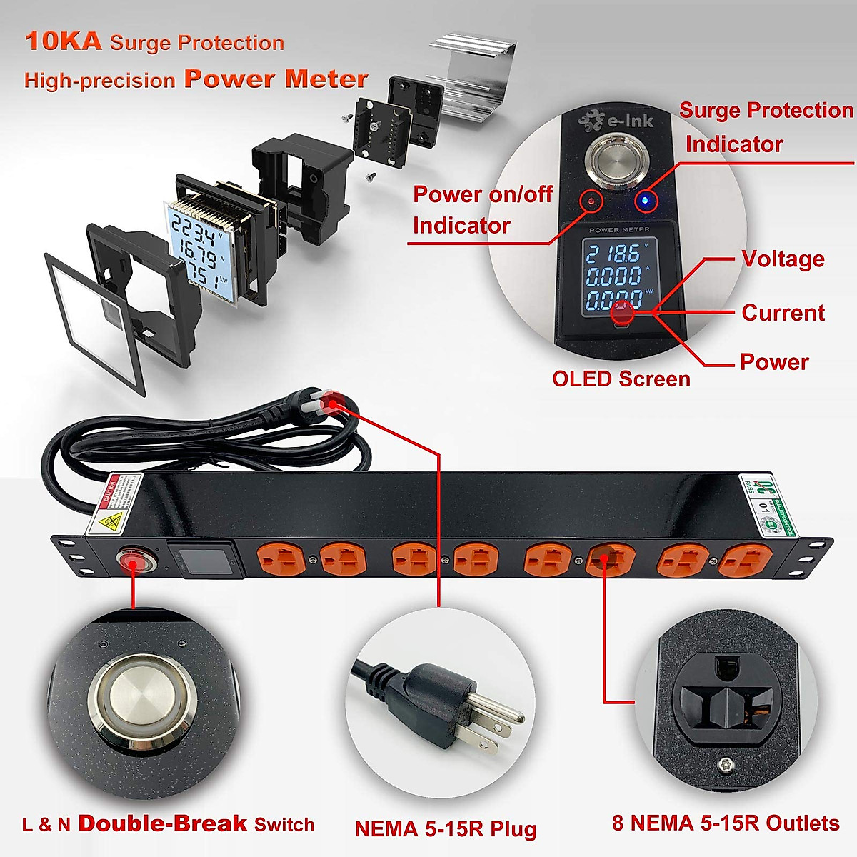 E-link Industrial Surge Protector Power Strip Rack Mount Metered PDU Power Distribution Unit 110-250V 16A, 8 NEMA 5-20R Outlet 19'' 1U Switched PDU with Monitoring OLED Screen Orange
