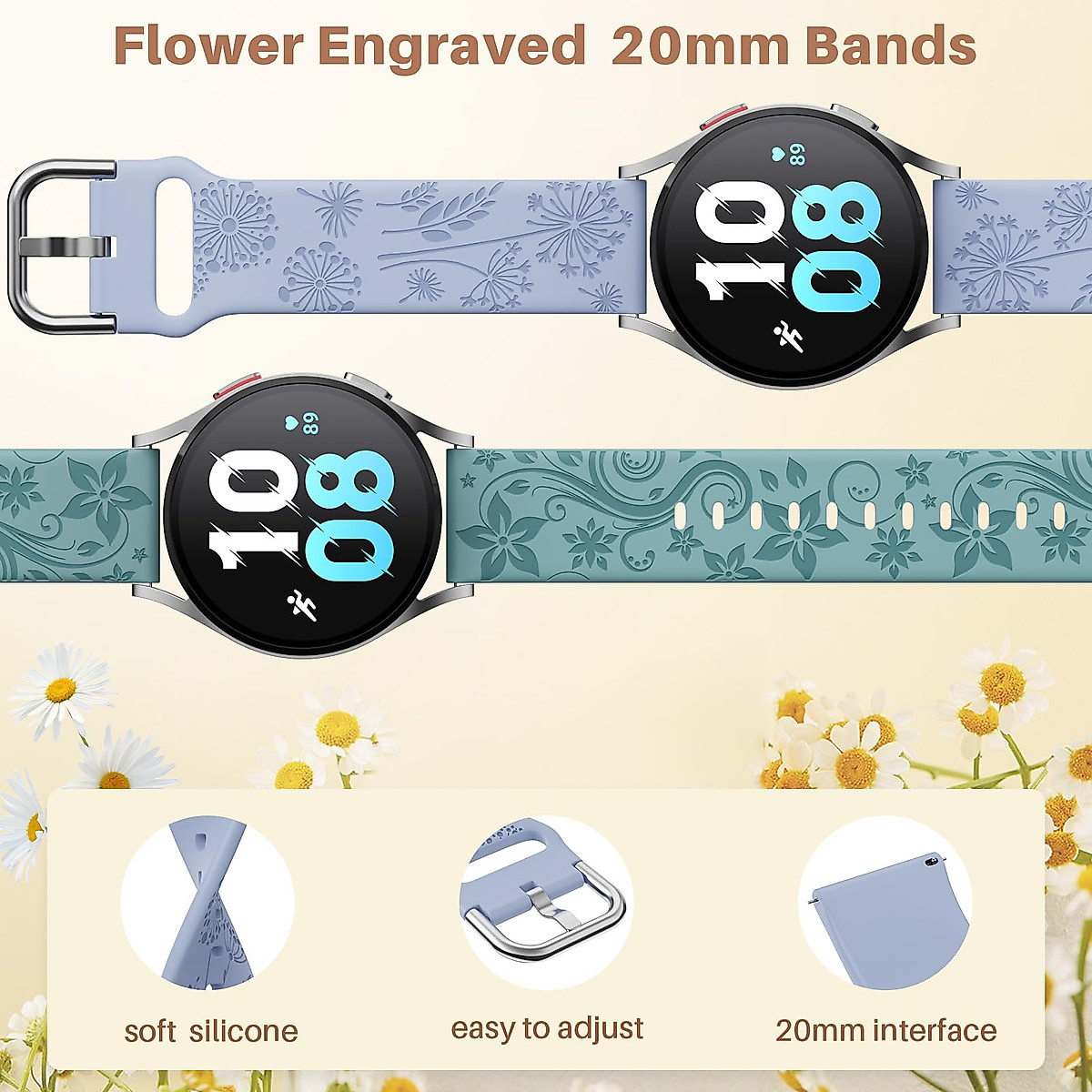 Flower Engraved Bands Compatible with Samsung Galaxy Watch 7/ FE/ 6/5/ 4/ Active 2 40mm 44mm/ 5 Pro 45mm/ Watch 6/4 Classic 43mm 47mm 42mm 46mm, 3 Pack 20mm Soft Silicone Replacement Watch Band GBS