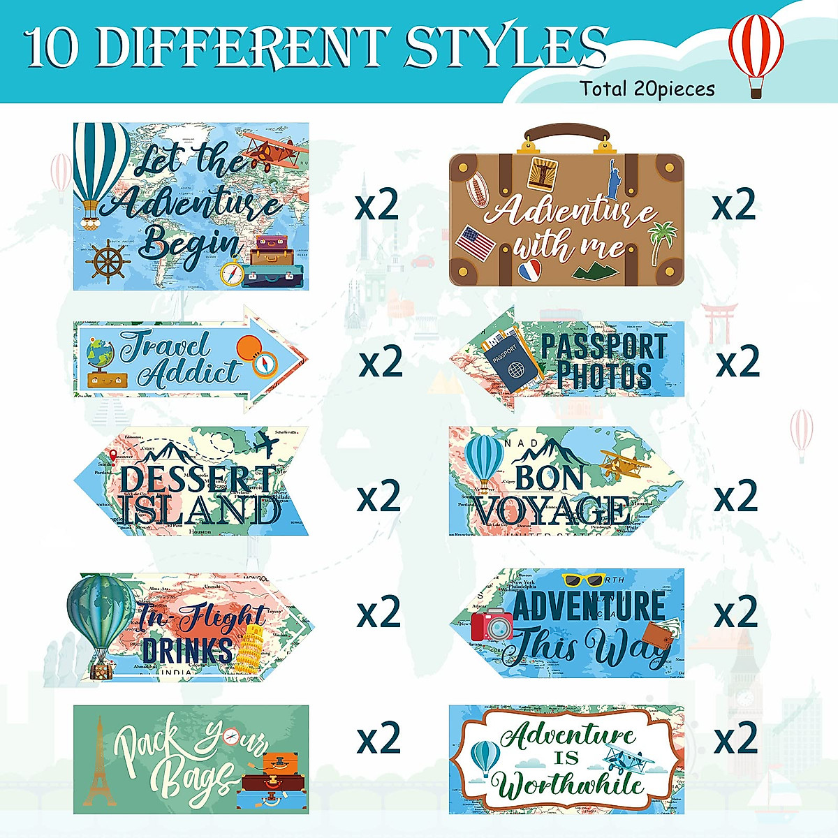 20 Pcs Travel Themed Party Decorations Set Let The Adventure Begin Sign Signs Bon Voyage for Birthday Baby Shower Decorations, 11 x 8 Inch, 5 Inch