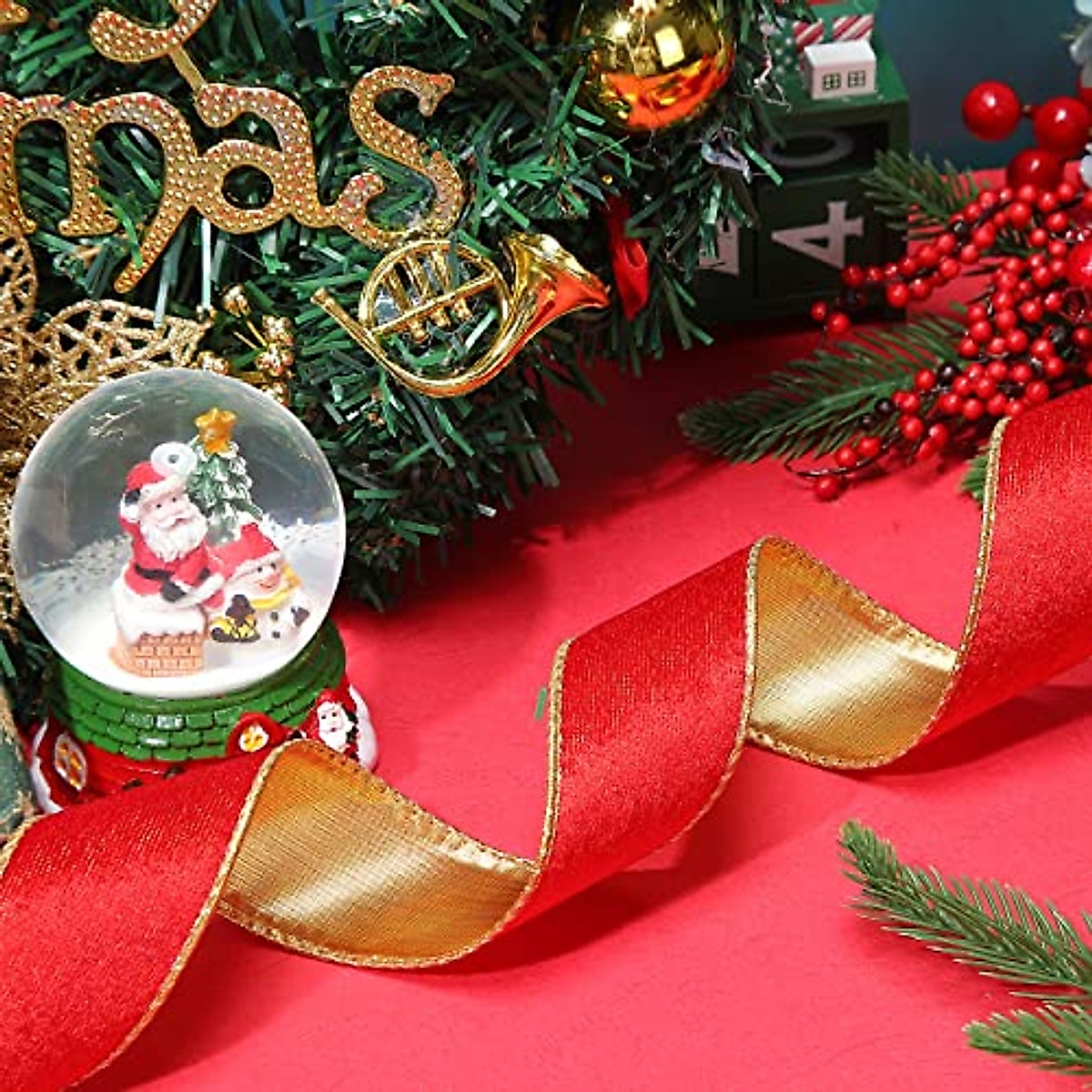 Syhood Christmas Wired Velvet Ribbon with Gold Edge Waterproof Wrapping Velvet Decoration Ribbon for Xmas Wreath Bows Floral Craft Ornaments(1.5 Inch x 60 Yard,Red/Gold)