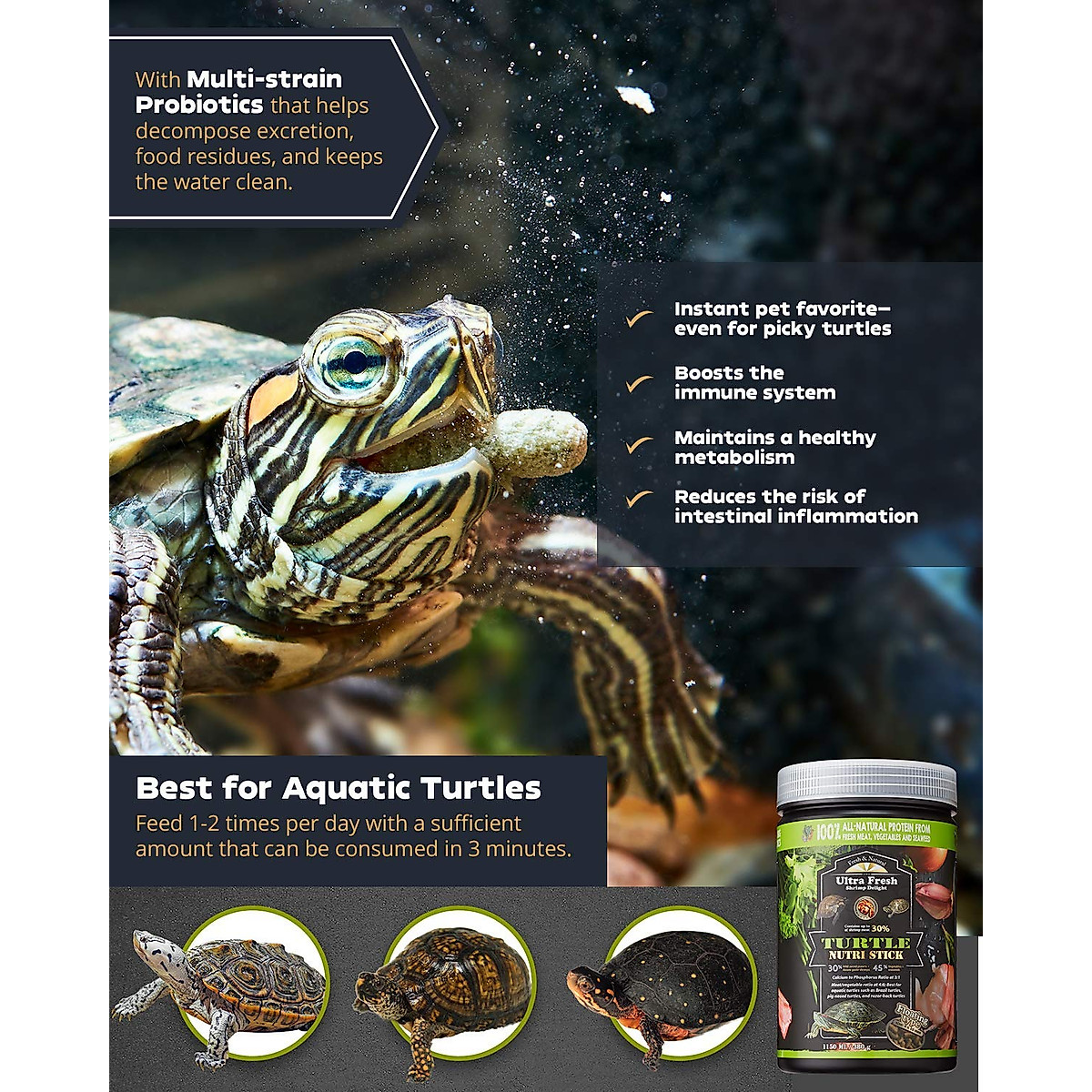 Ultra Fresh - Turtle Nutri Stick, Wild Sword Prawn, Calcium & Vitamin D Enriched Aquatic Turtle Food with Probiotics for Picky Turtles, Made from All Natural Ingredients 13.4 oz