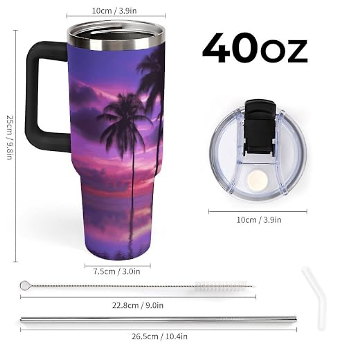 STVNKML 40 Oz Tumbler with Handle Palm Tree Purple Sunset Stainless Steel Coffee Mug Reusable Travel Mug Leak-proof Insulated Car Cup Large Capacity Tumbler for Travel, Outdoor, Home Use (Black)
