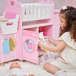 Olivia's Little World Amanda 6-in-1 Wooden Doll Nursery Station with Rocking Cradle, High Chair, Storage, Washing Machine and Sink - for 3 yrs and up, Pretend Play House, Daycare - Pink/Multi