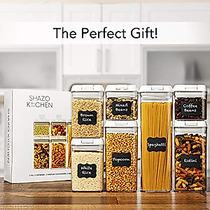 Shazo Airtight Food Storage Containers 7 Piece Set, Pantry Organizer BPA Free Plastic Flour, Pasta Containers with Easy Lock Lids for Kitchen Pantry Organization and Storage Includes Labels & Marker