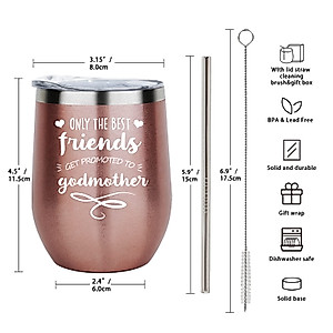 Godmother Wine Tumbler Only the Best Friends Get Promoted to Godmother Tumbler Godmother Gifts Mothers Day Birthday Christmas Gifts for Godmother 12 Ounce with Lid Straw and Gift Box Rose Gold