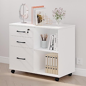 3 Drawer Office File Cabinets, Mobile Lateral Printer Stand with Open Storage Shelf, Rolling Filing Cabinet with Wheels Home Office Organization and Storage (White)