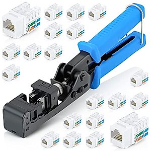Everest Media Solutions easyJACK - 90° Angled Speed Termination Tool - with 20-Pack of 90° Angled CAT6/5e Keystone Jacks in White Color - Additional Jacks are Available - (B087N7QQD2)