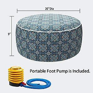 MAGPIE FABRICS Indoor/Outdoor Inflatable Stool Ottoman Pouf, Water Repellent Round Footrest Footstool with Foot Pump D20 xH9, Portable for Patio Garden Travel Camping or Home, Morgan Medal Blue