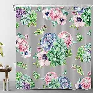 LB Pink Floral Shower Curtain for Bathroom, Western Watercolor Green Succulent Plant on Grey Fabric Shower Curtain with Hooks, Vintage Botanical Bathroom Curtain Shower Set, 72" W x 72" L