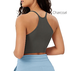 ODODOS Women's Crop 3-Pack Seamless Rib-Knit Camisole Crop Tank Tops, Mushroom Taupe Charcoal, X-Small/Small