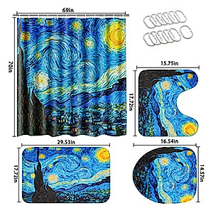 Ikfashoni 4 Pcs Starry Night Shower Curtain Set with Non-Slip Rugs, Toilet Lid Cover and Bath Mat, Van Gogh Abstract Art Shower Curtain with 12 Hooks, Blue Oil Painting Shower Curtains for Bathroom